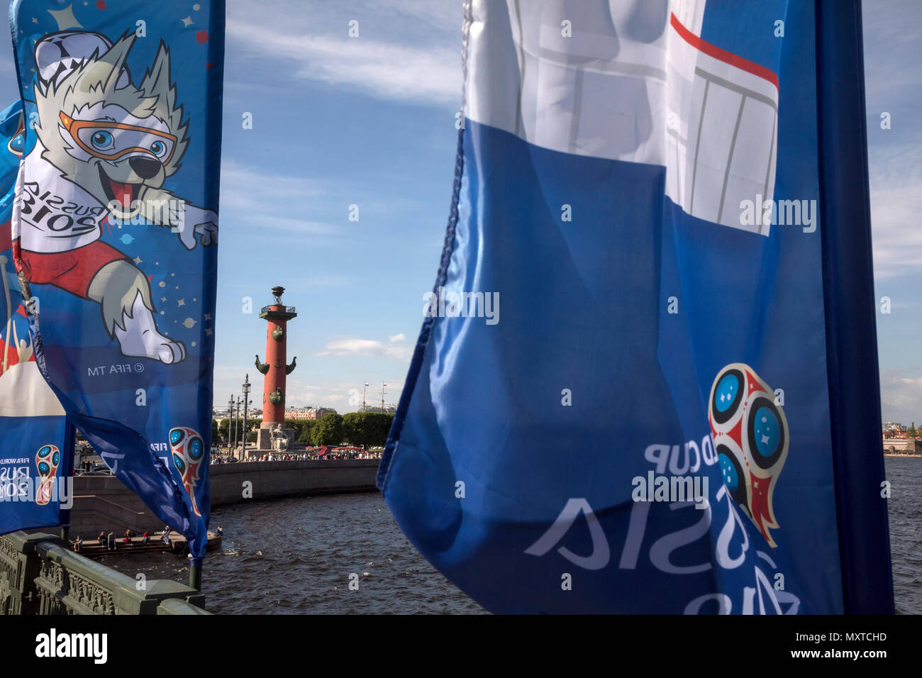 Flags with the symbols of the World Cup FIFA 2018 against the ...