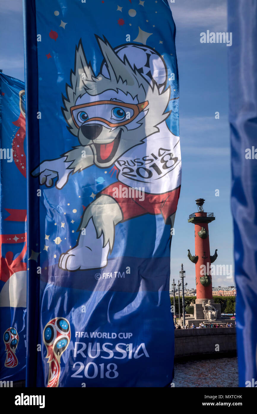 Flags with the symbols of the World Cup FIFA 2018 against the ...