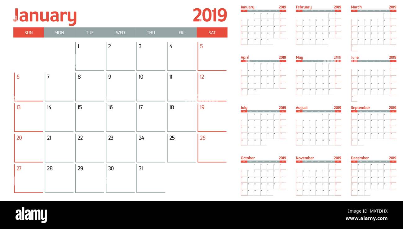 Calendar planner 2019 template vector illustration all 12 months week ...