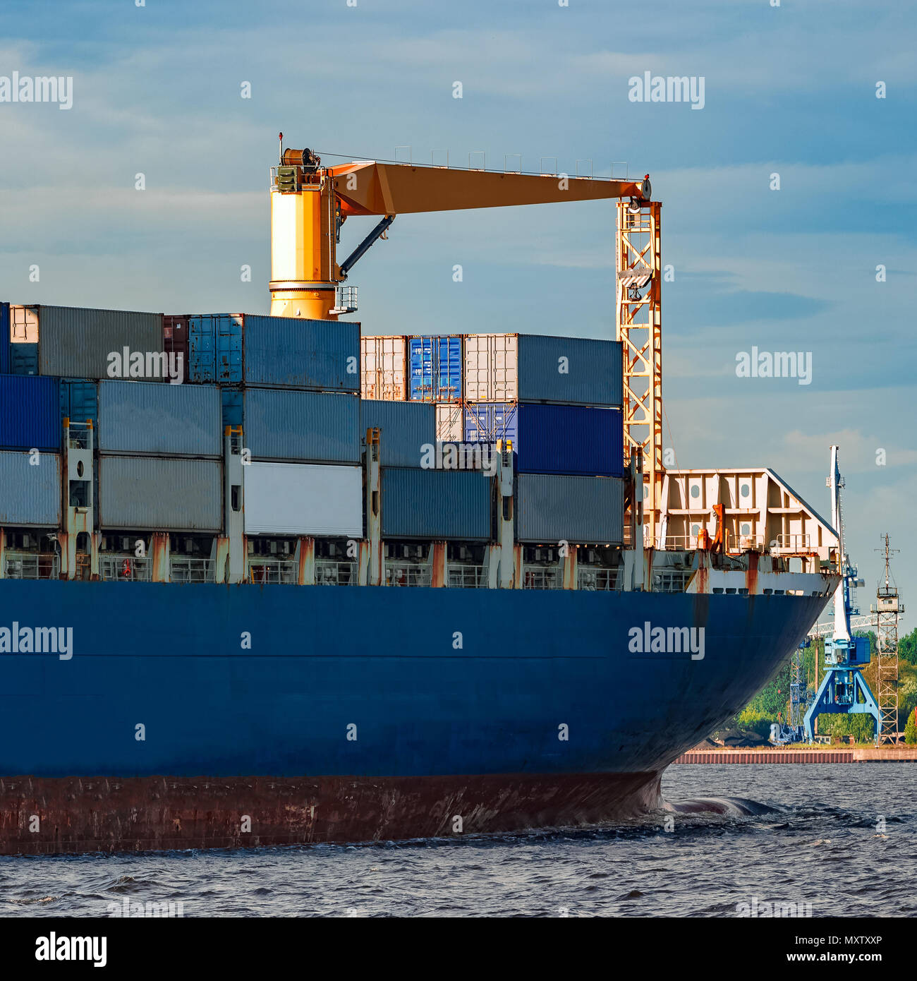 Blue container ship. World logistics and production transfer Stock ...