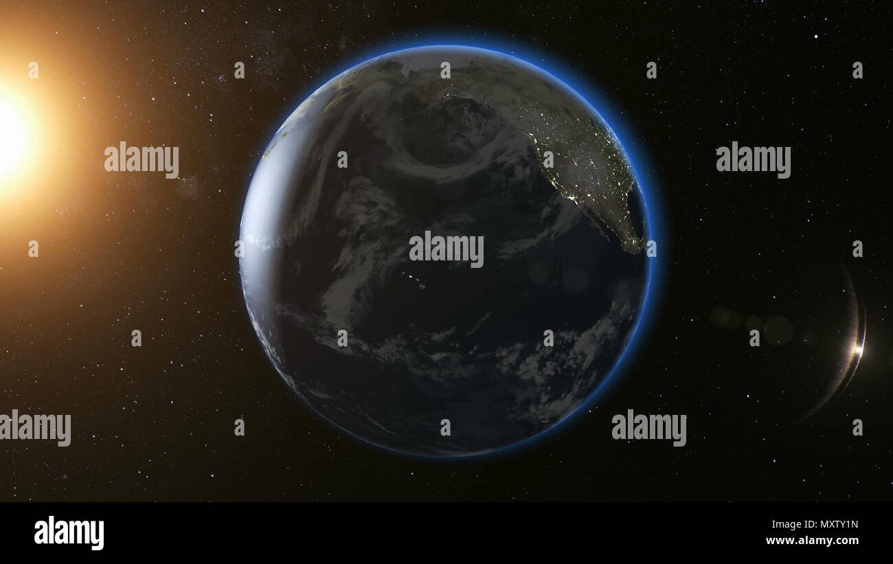 Space view on Planet Earth and Sun Star rotating on its axis in black ...