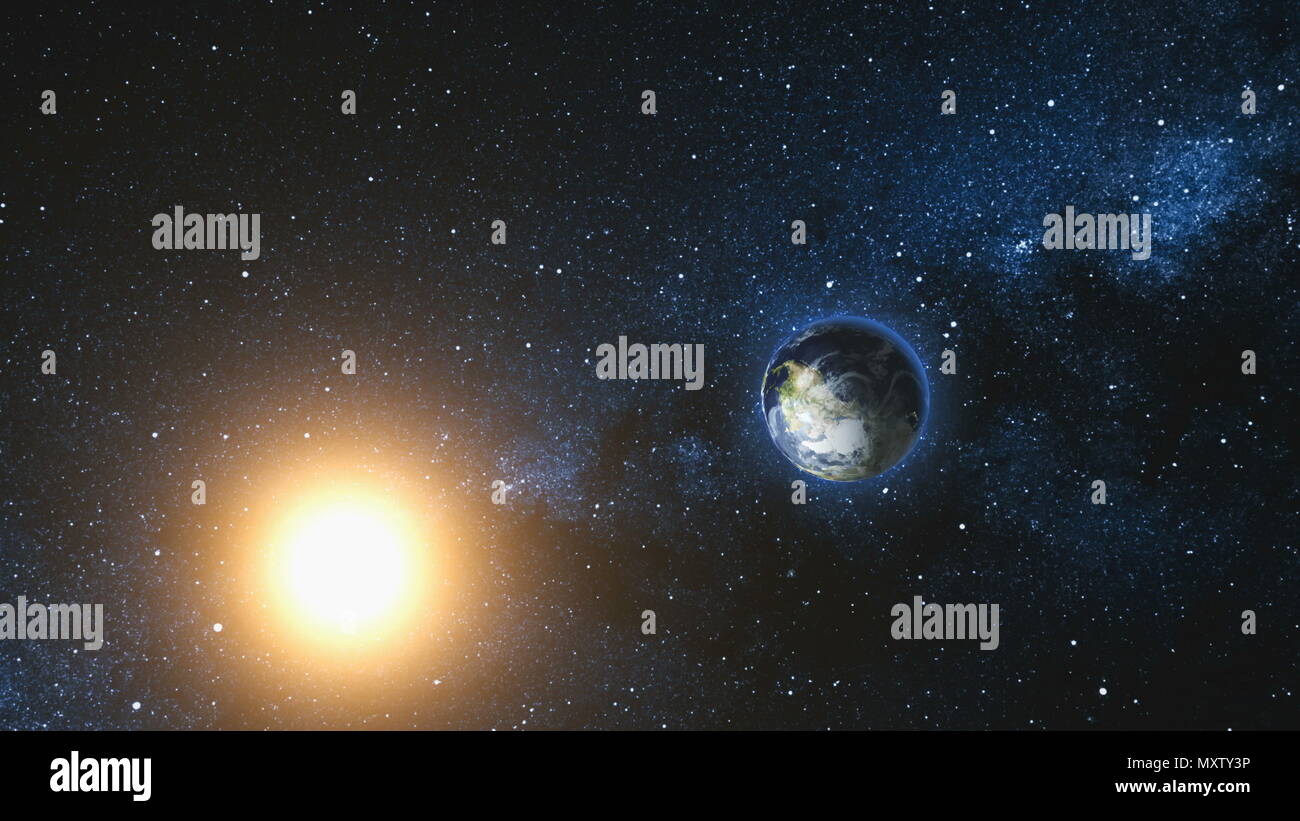 Space view on Planet Earth and Sun Star rotating on its axis in black ...