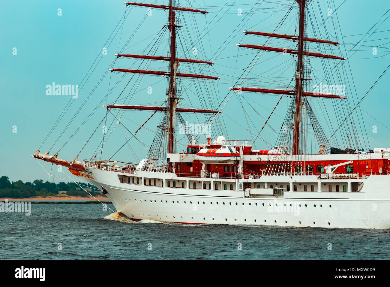Big white sailing ship with three mast moving to the Riga port Stock ...