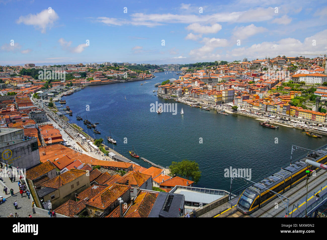 Bird's-eye view of Douro River and panoramic view of colorful Porto ...