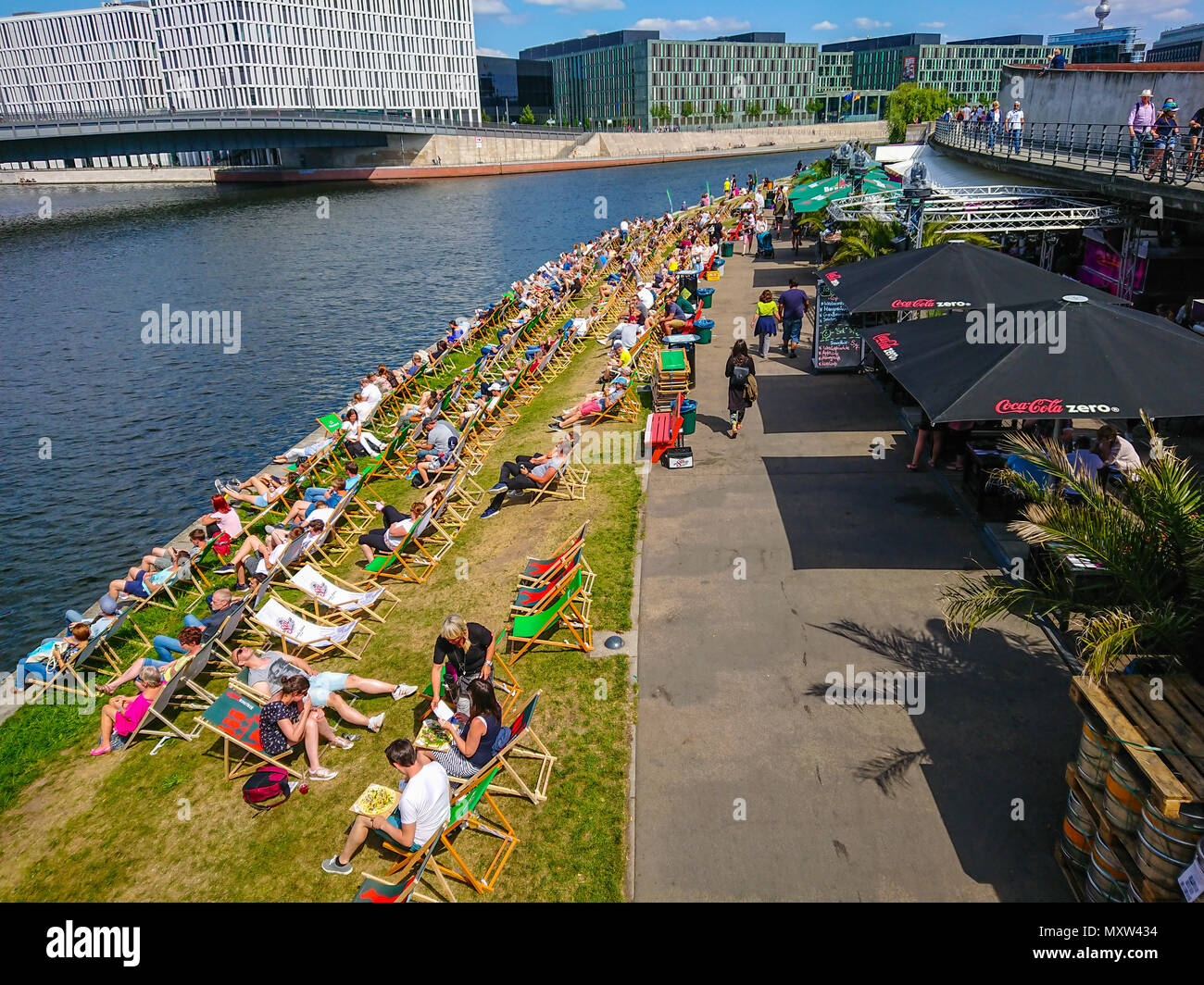 Popular beach club at River Spree in Berlin on a hot summer day ...