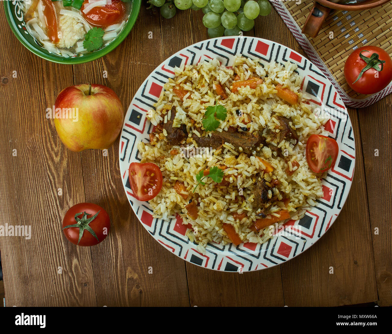 Turkmen Pilaf cuisine , Traditional assorted dishes, Top view Stock ...
