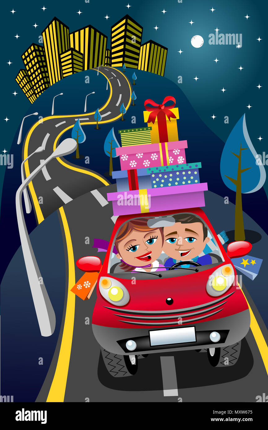 Couple Driving Car Gift Boxes Downtown Night Stock Photo - Alamy