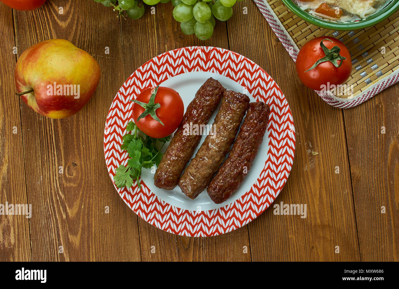 Turkmen Shish kebab. Chishlik , Traditional assorted dishes, Top view ...
