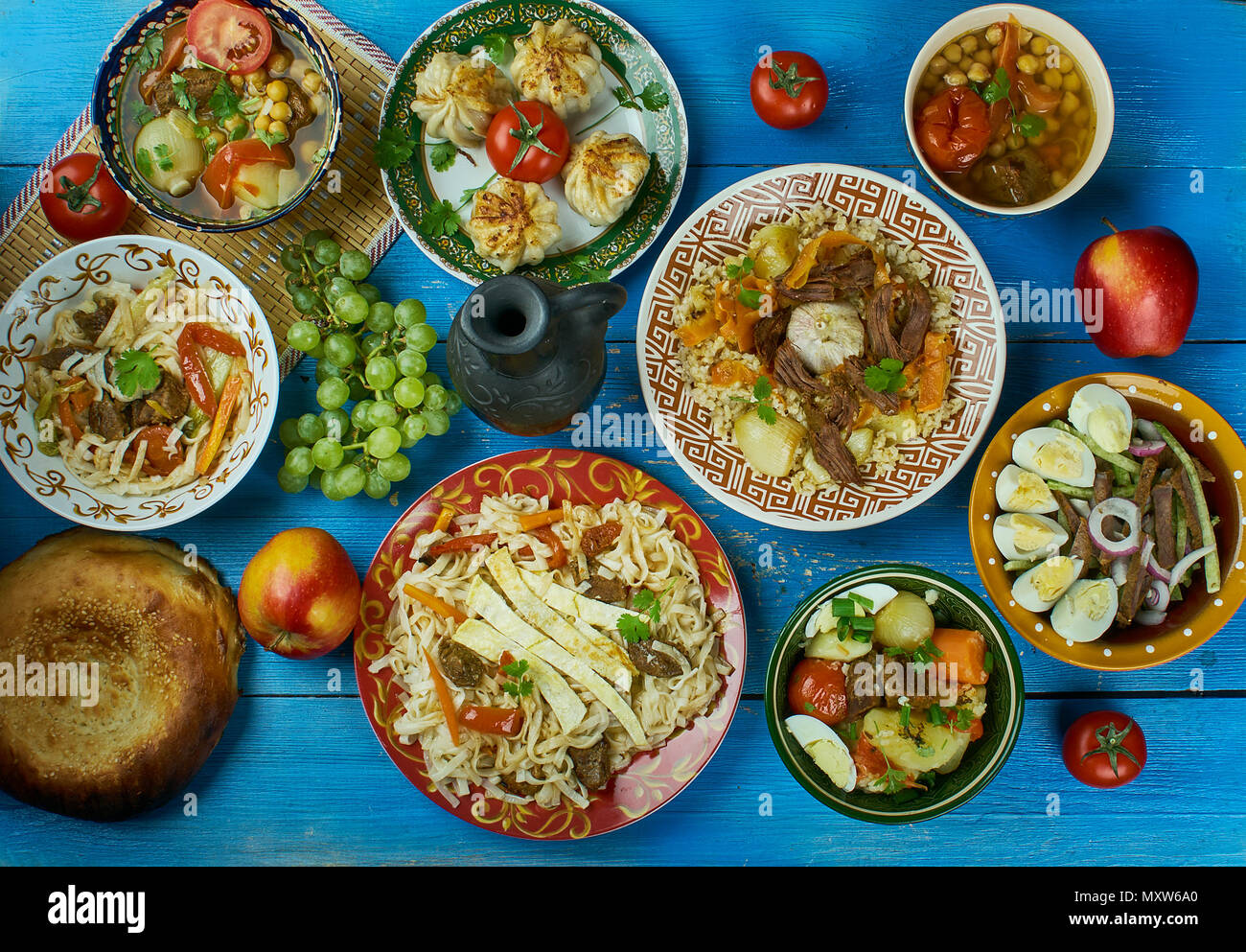 Uzbek cuisine , Traditional assorted dishes, Top view, Central Asian ...