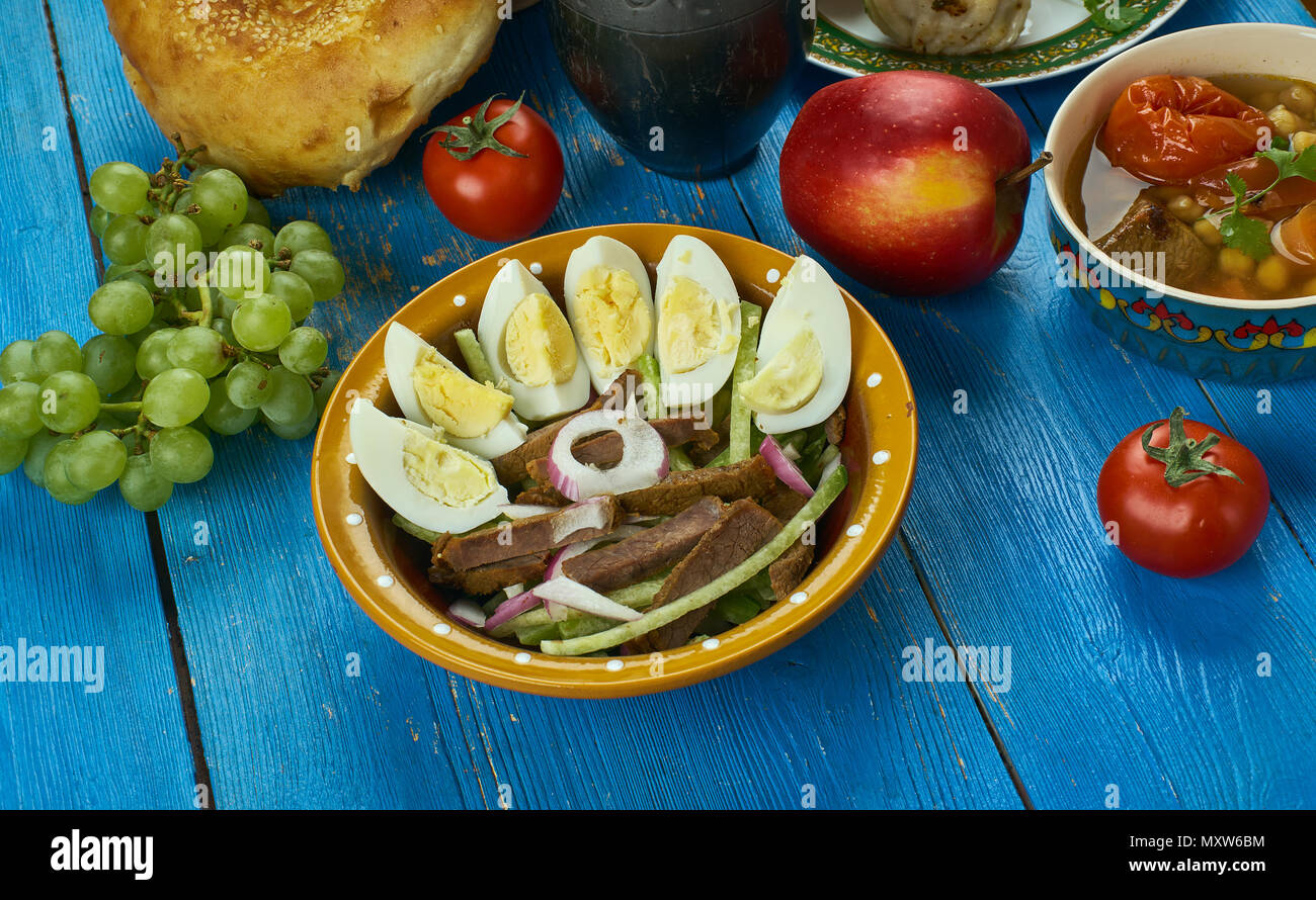 Uzbek beef salad Tashkent, Traditional assorted dishes, Top view ...