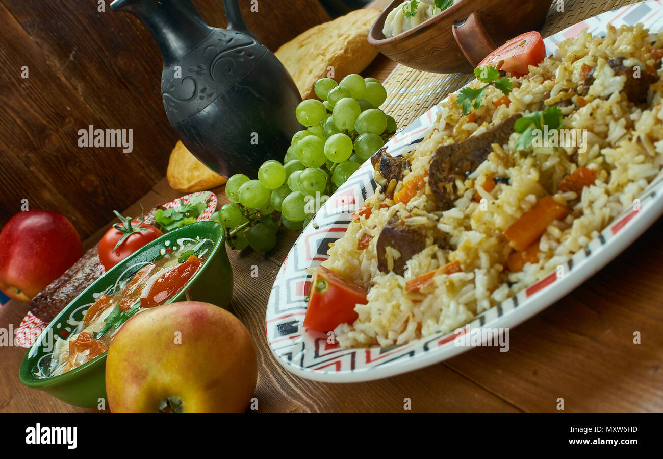 Turkmen Pilaf cuisine , Traditional assorted dishes, Top view Stock ...