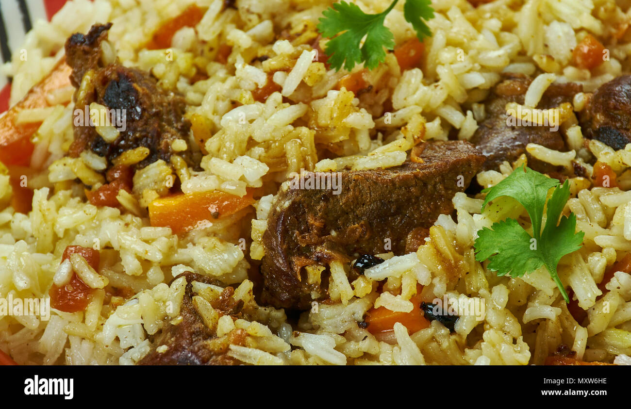 Turkmen Pilaf cuisine , Traditional assorted dishes, Top view Stock ...