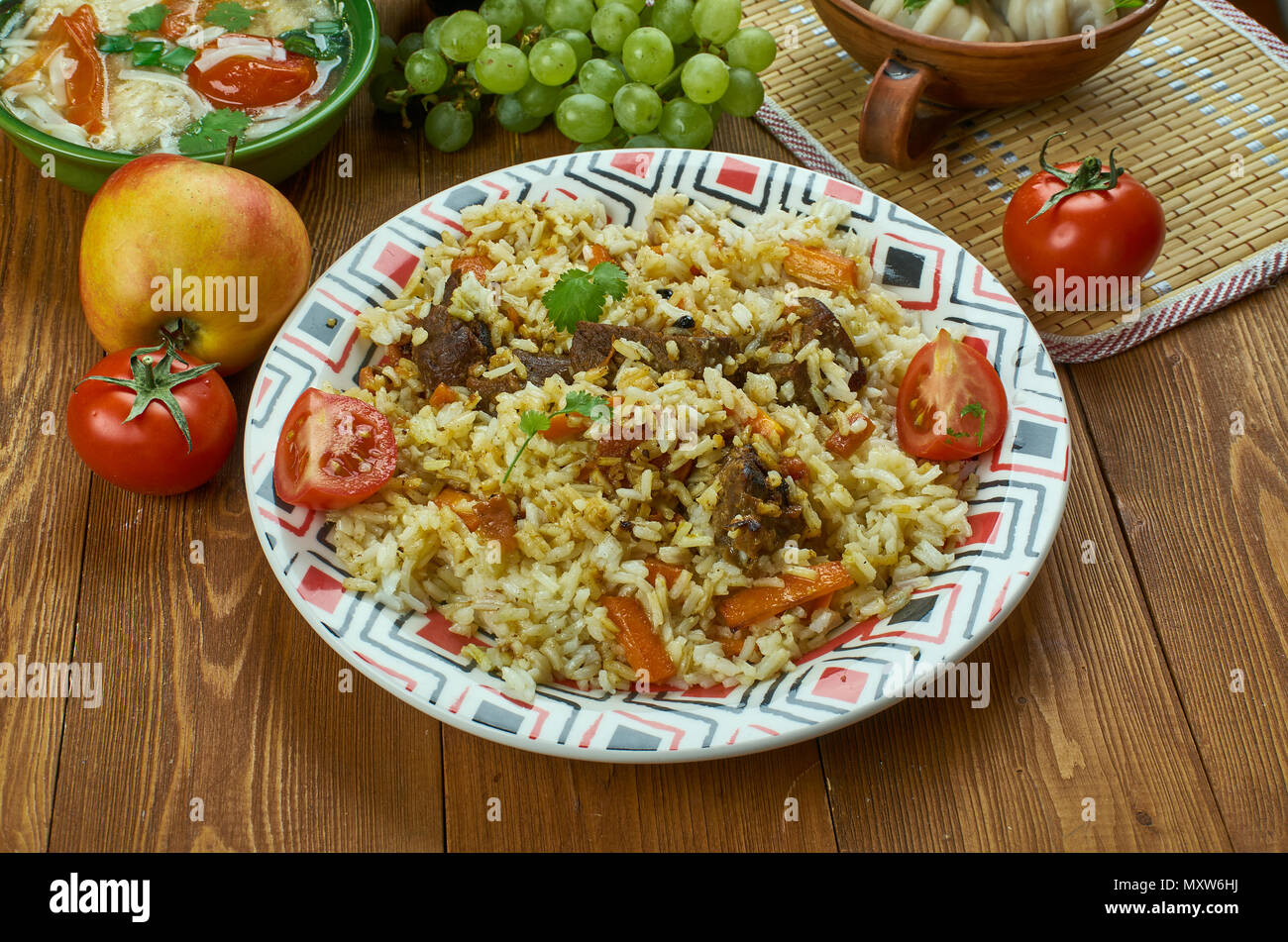 Turkmen Pilaf cuisine , Traditional assorted dishes, Top view Stock ...