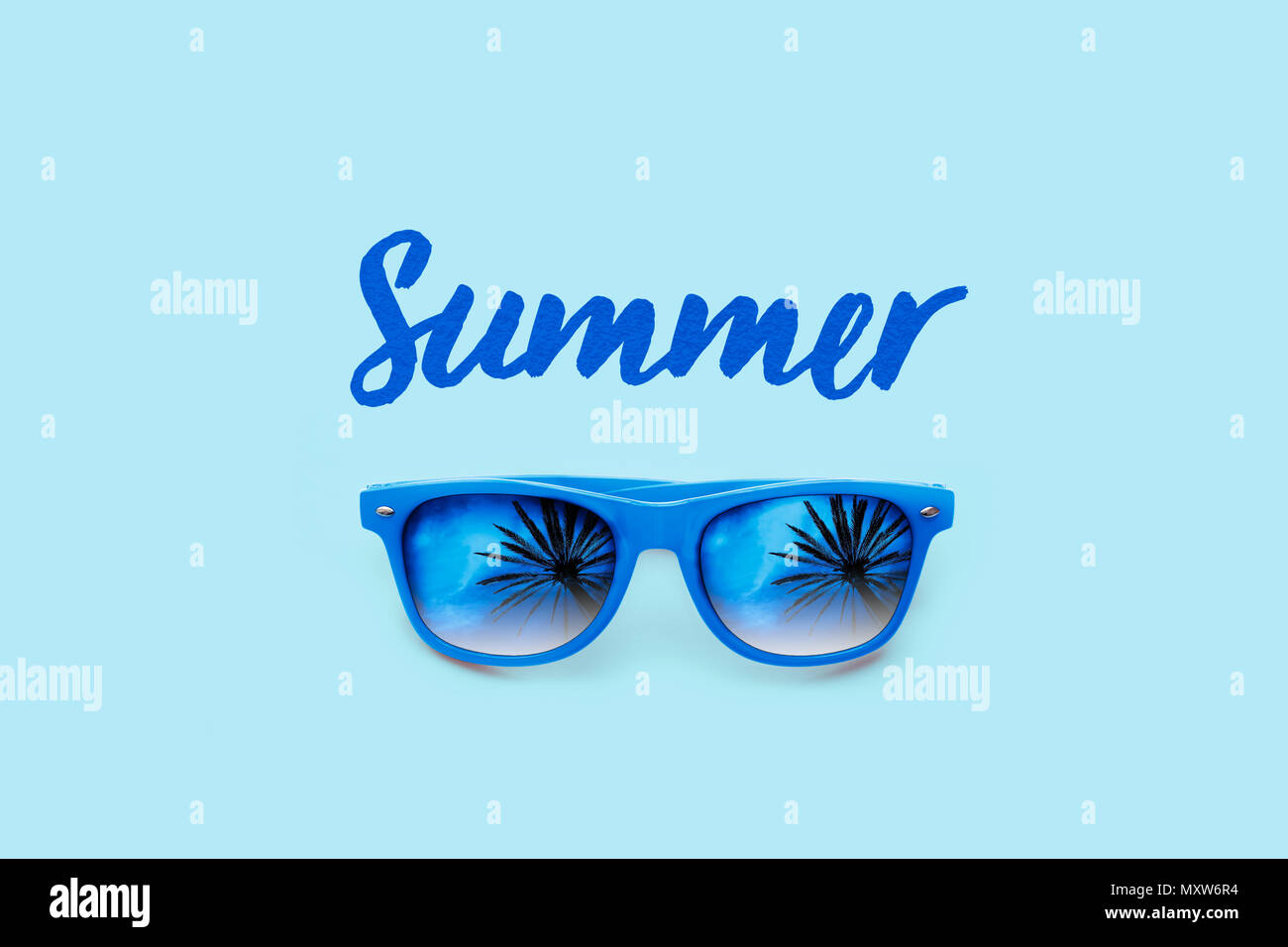 Summer text and blue sunglasses with palm trees reflections isolated in ...