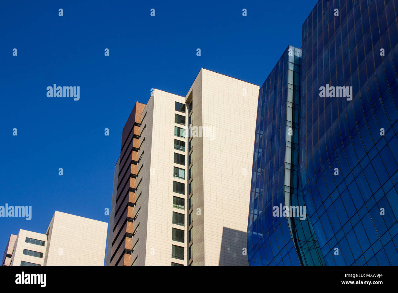 Side view of a blue curved modern corporate high-rise building, and two ...