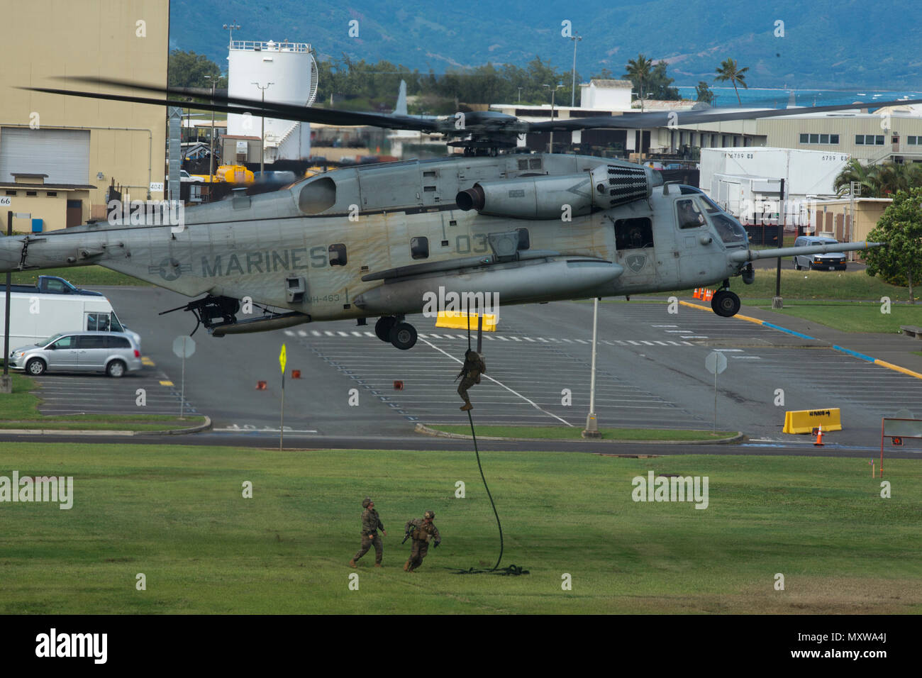 U.S. Marines assigned to 1st Battalion, 3rd Marine Regiment fast rope ...