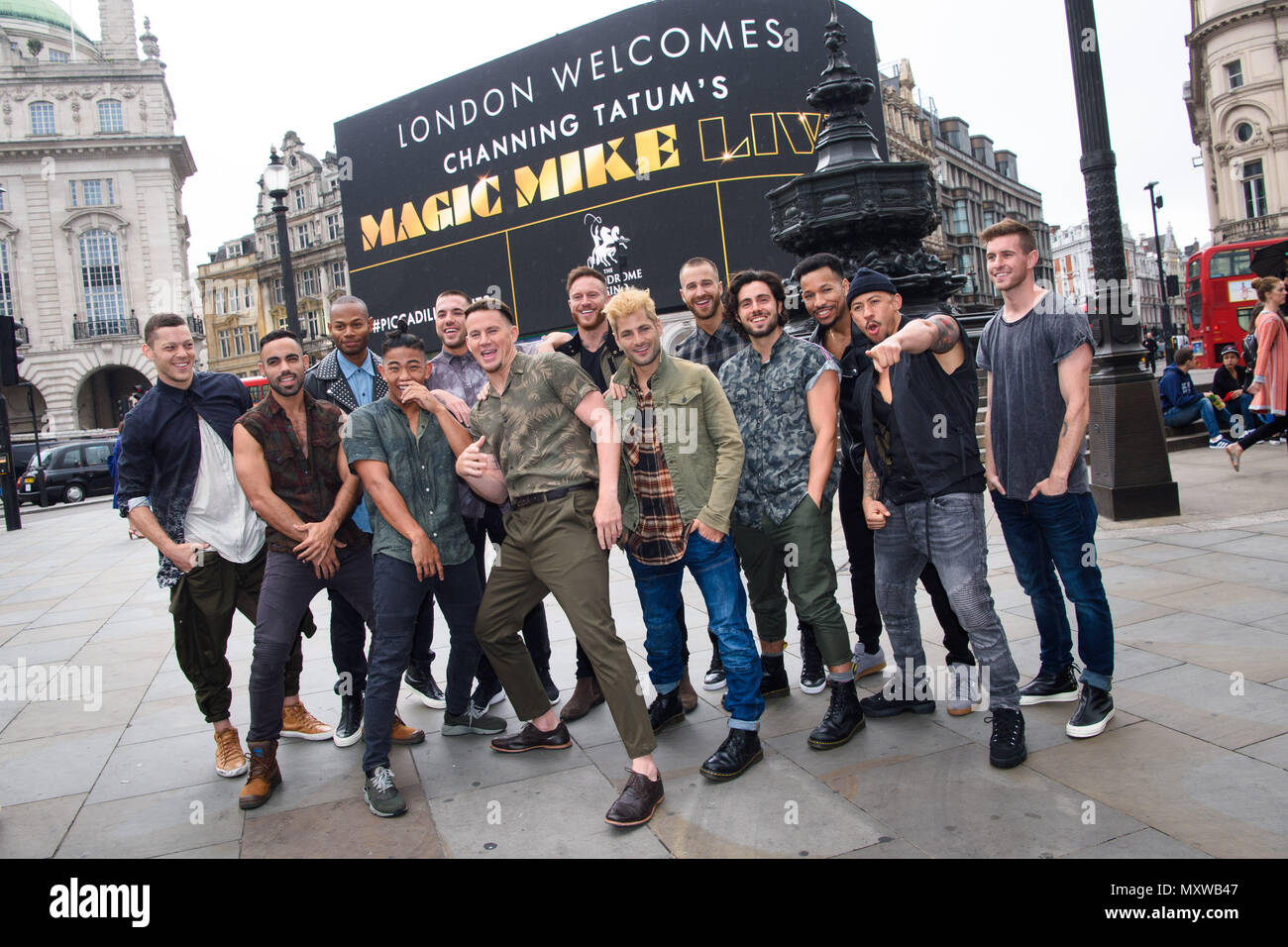 Channing Tatum pictured with dancers from Magic Mike Live in Piccadilly ...