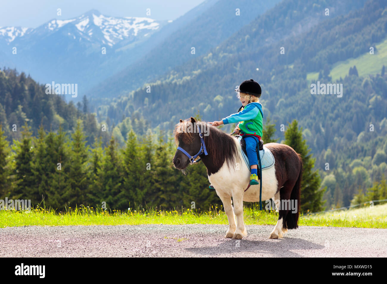 Kids riding pony in the Alps mountains. Family spring vacation on horse ...