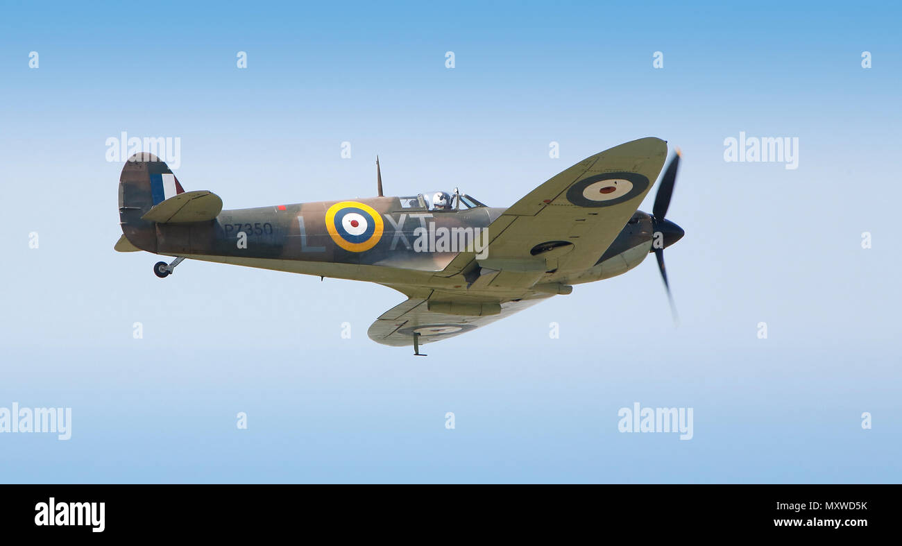 Supermarine Spitfire war plane in flight during the Biggin Hill Air ...