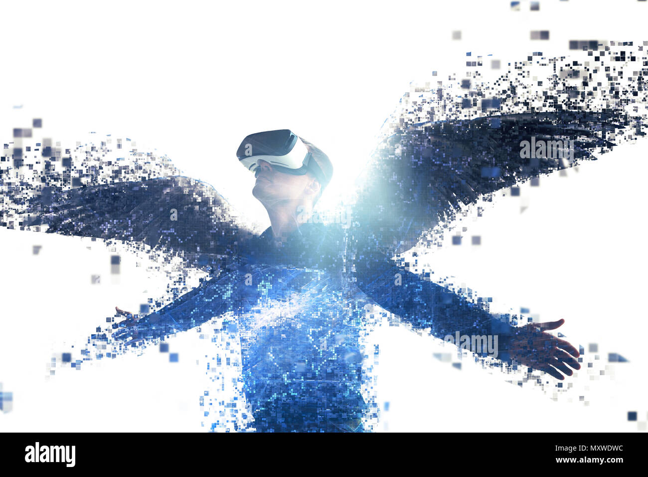 The person in glasses of a virtual reality with wings is scattered on ...