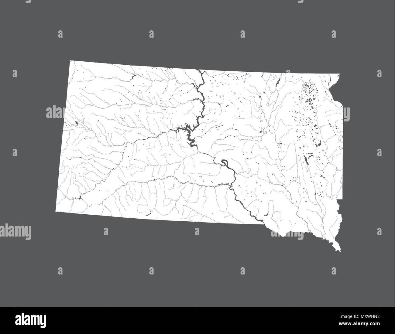 U.S. states - map of South Dakota. Hand made. Rivers and lakes are ...