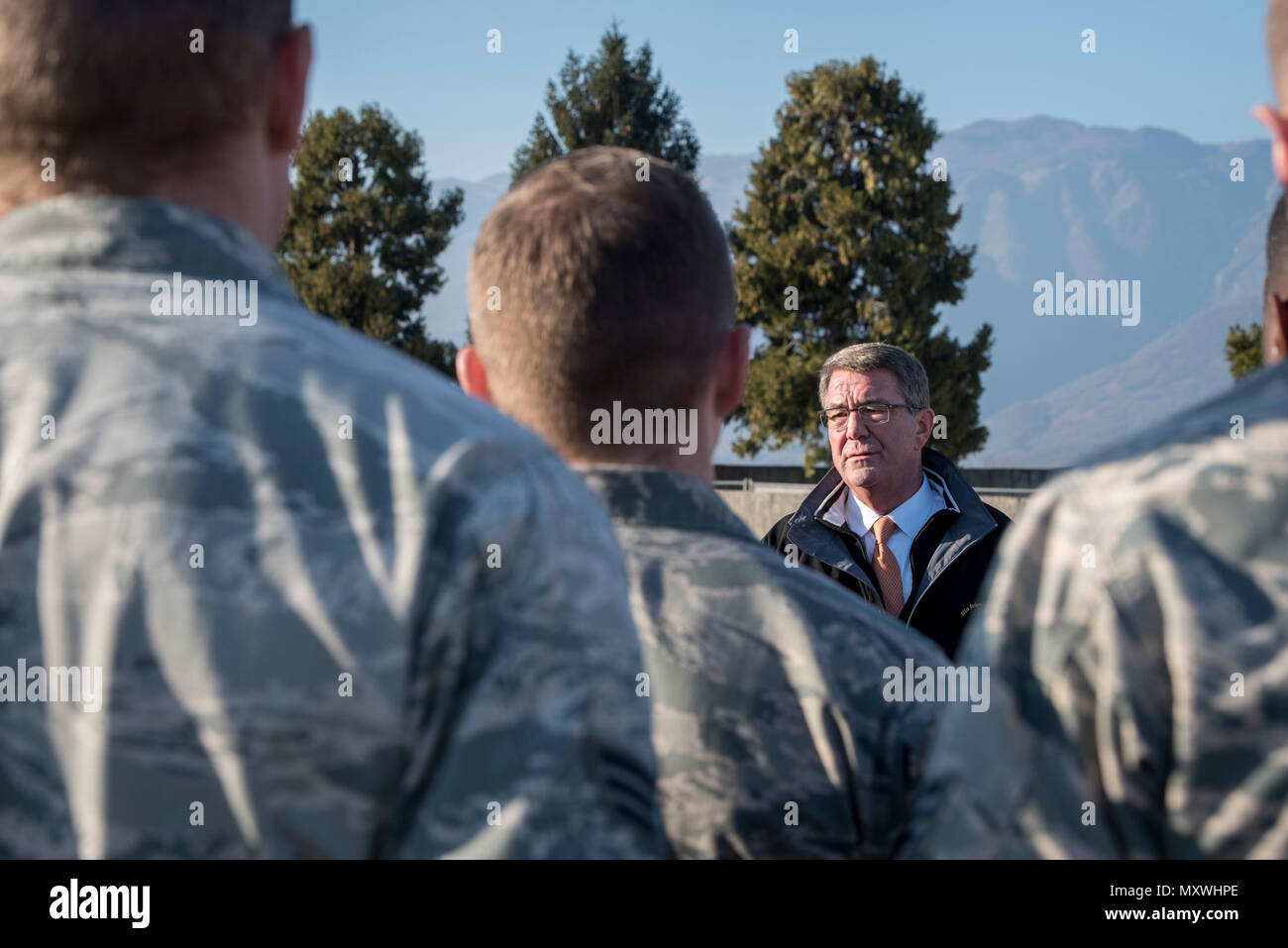 Secretary of Defense Ash Carter speaks to Airmen at Aviano Air Base ...