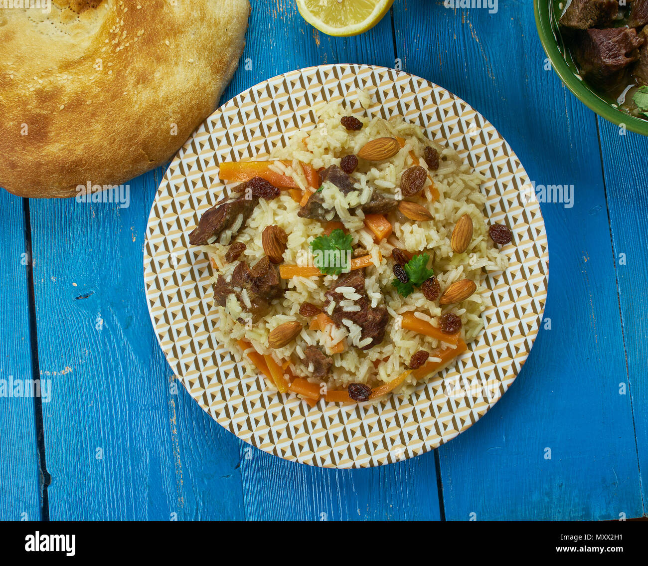 Pakistani cuisine , Kabuli Pulao, Traditional assorted dishes, Top view ...