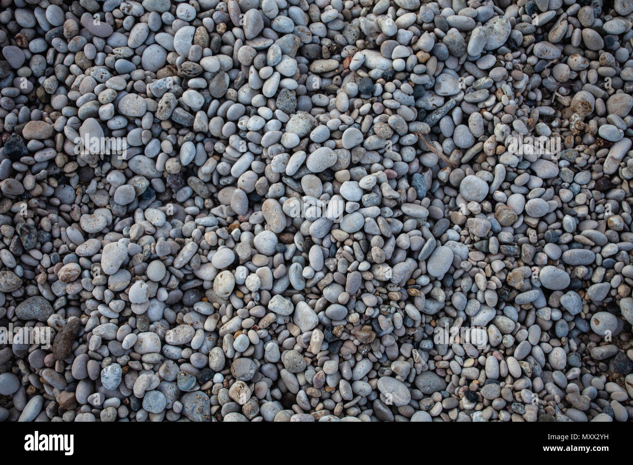 Small beach light pebble rocks floor. Different stones background ...
