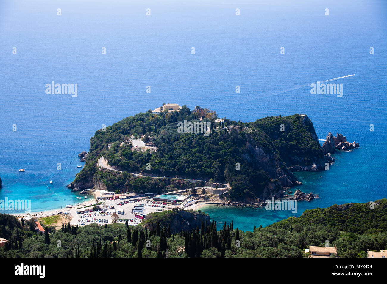 Island aerial view blue ocean behind. Beautiful Greek landscape. Corfu ...