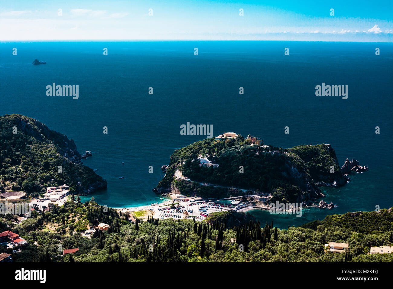 Island aerial view blue ocean behind. Beautiful Greek landscape. Corfu ...