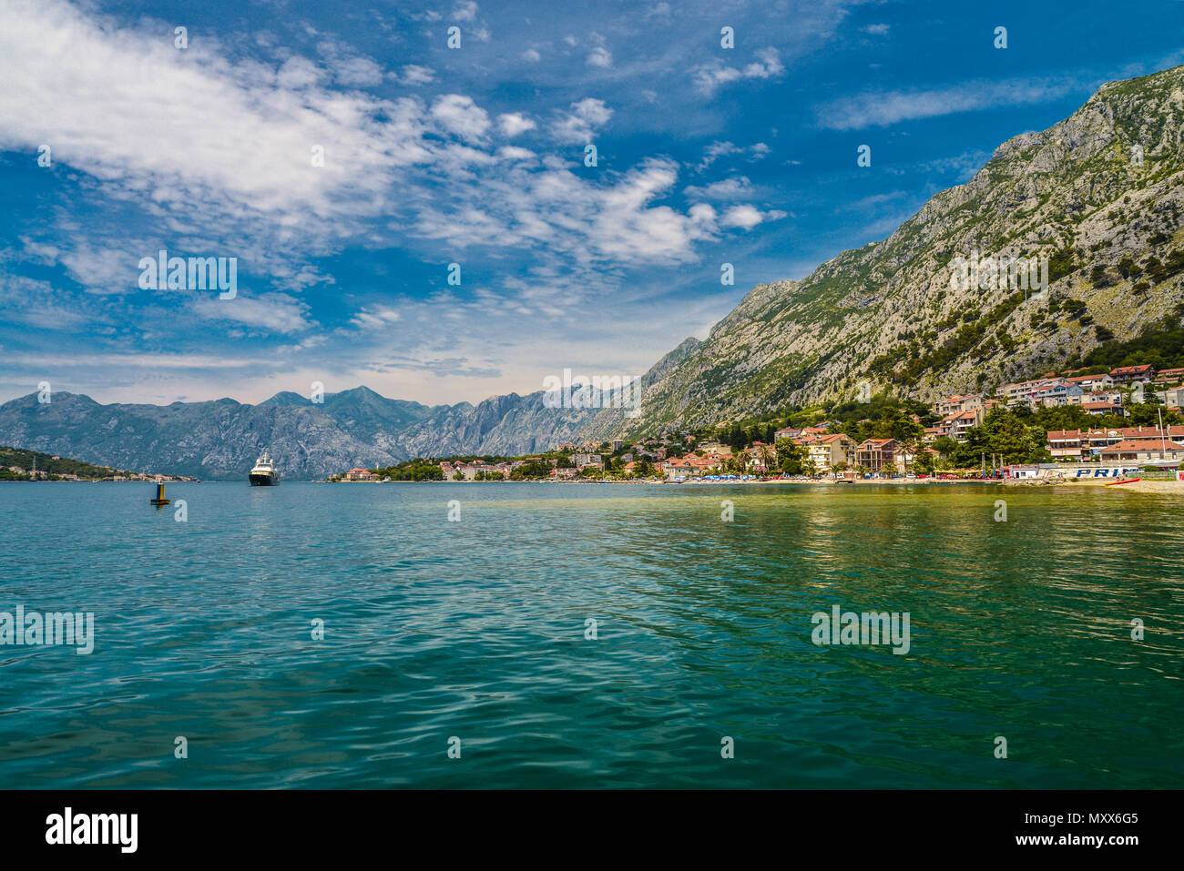 View of Bay of Kotor near Dobrota village in summer day, Montenegro ...
