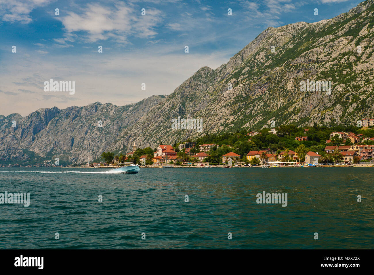 View of Bay of Kotor near Dobrota village in summer day, Montenegro ...