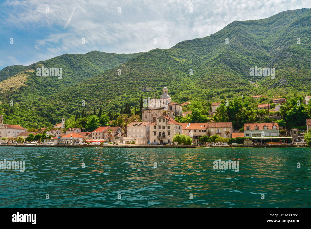 Waterfront of small town Prcanj along Bay of Kotor, Montenegro Stock ...