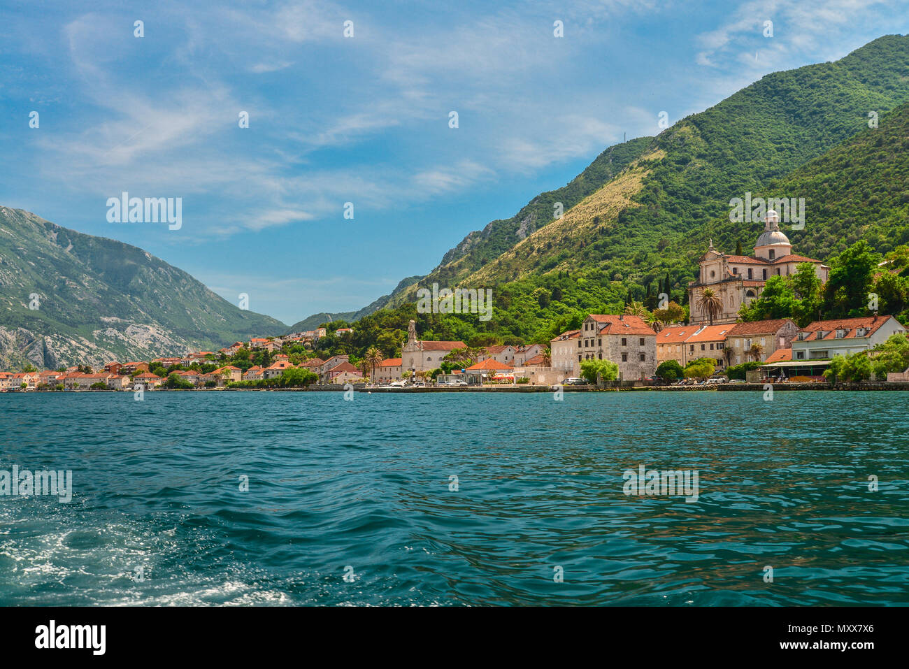 Waterfront of small town Prcanj along Bay of Kotor, Montenegro Stock ...