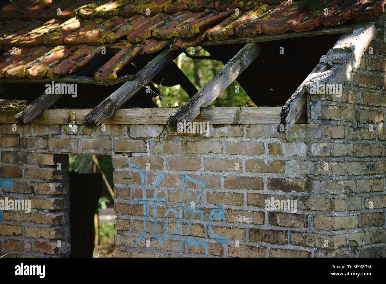 The damaged roof truss and shaky wall of a collapsing old hut Stock ...