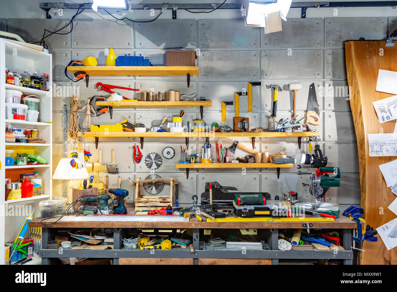 carpentry workshop equipped with the necessary tools Stock Photo - Alamy