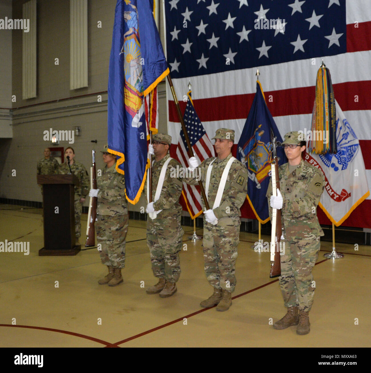 LATHAM, N.Y. – The New York Army National Guard Color Guard stands at ...