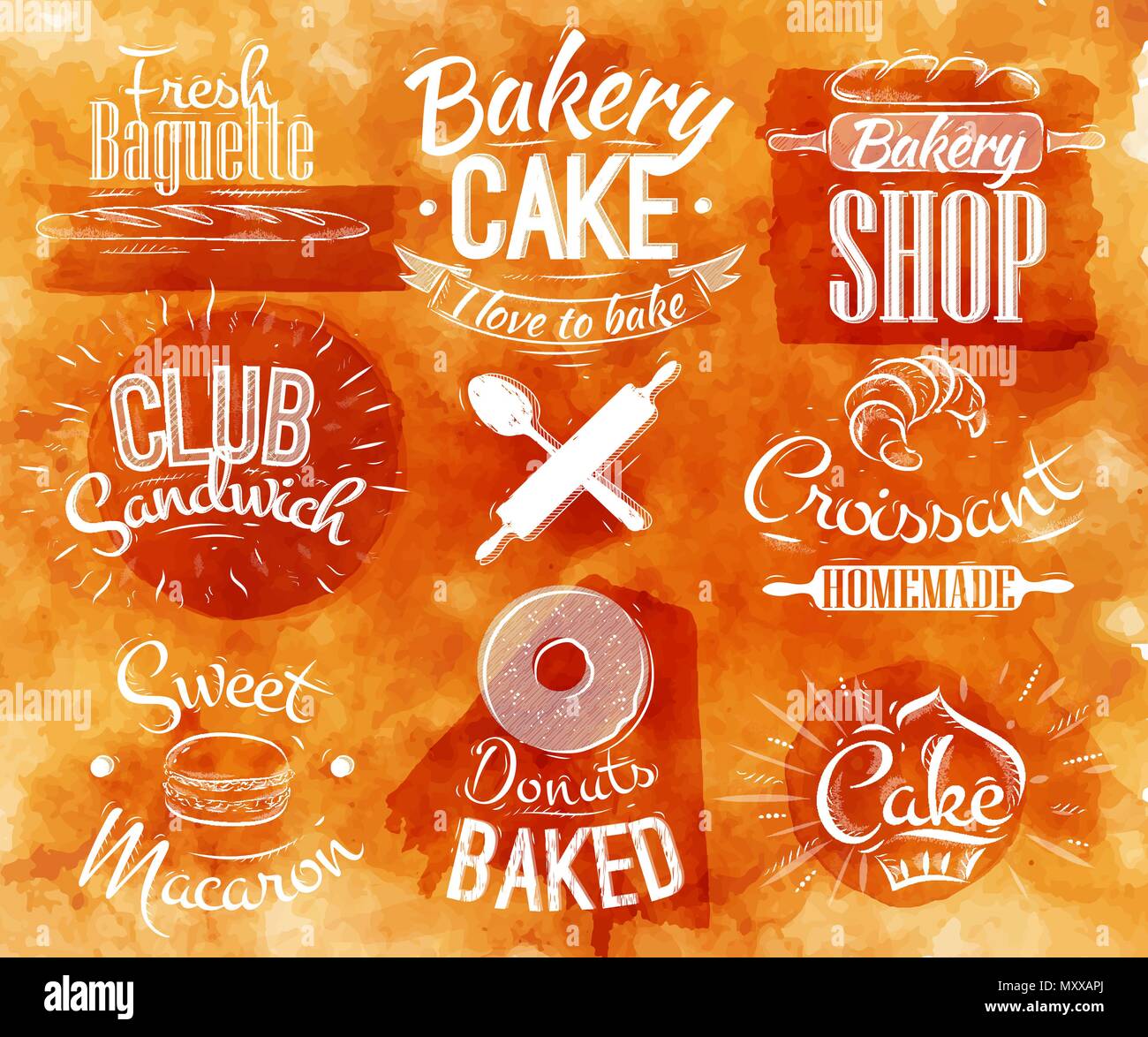 Bakery characters in retro style lettering donuts, croissants, macaron ...