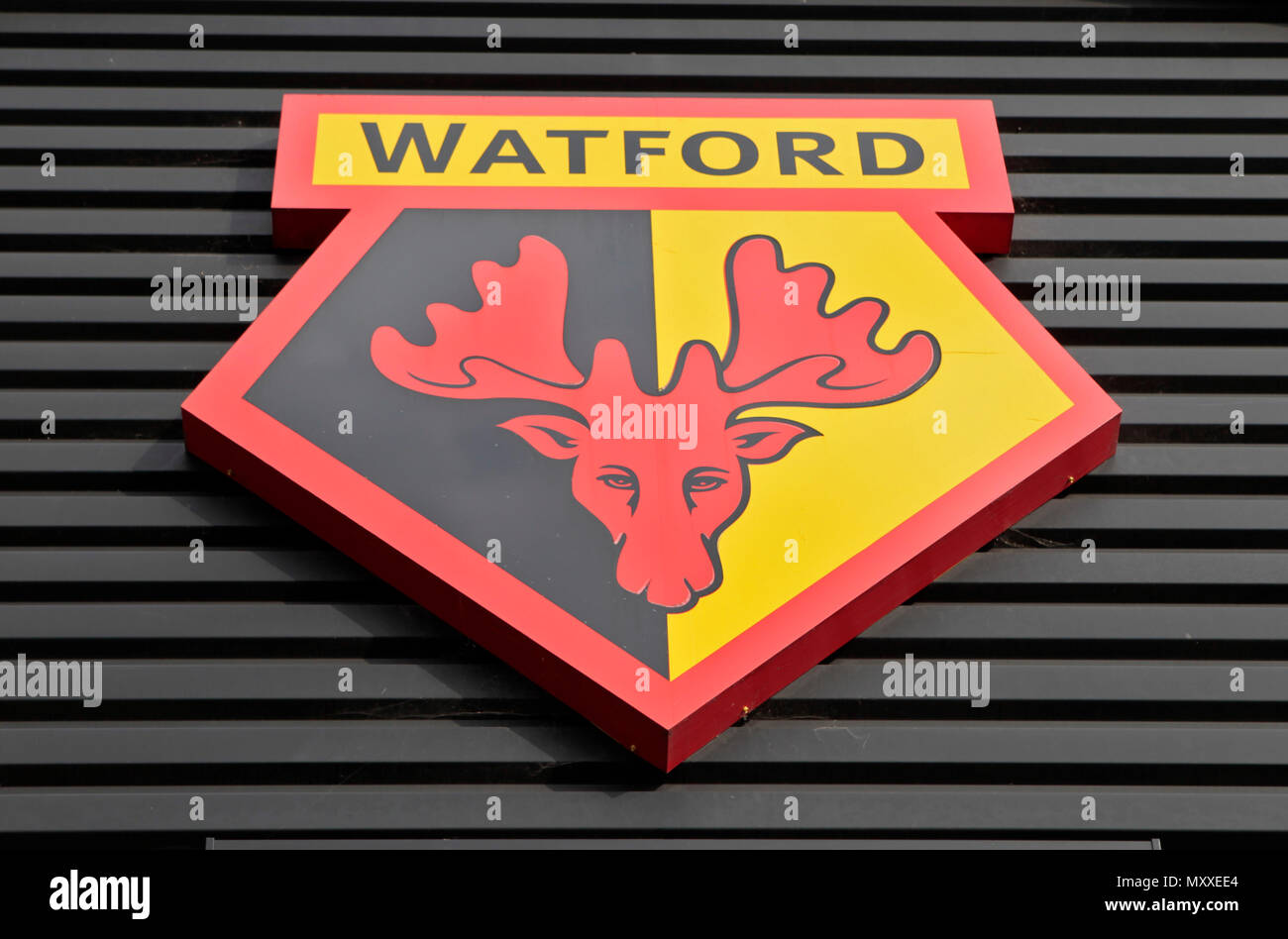 The exterior view and signage of Watford Premiership Football Ground ...