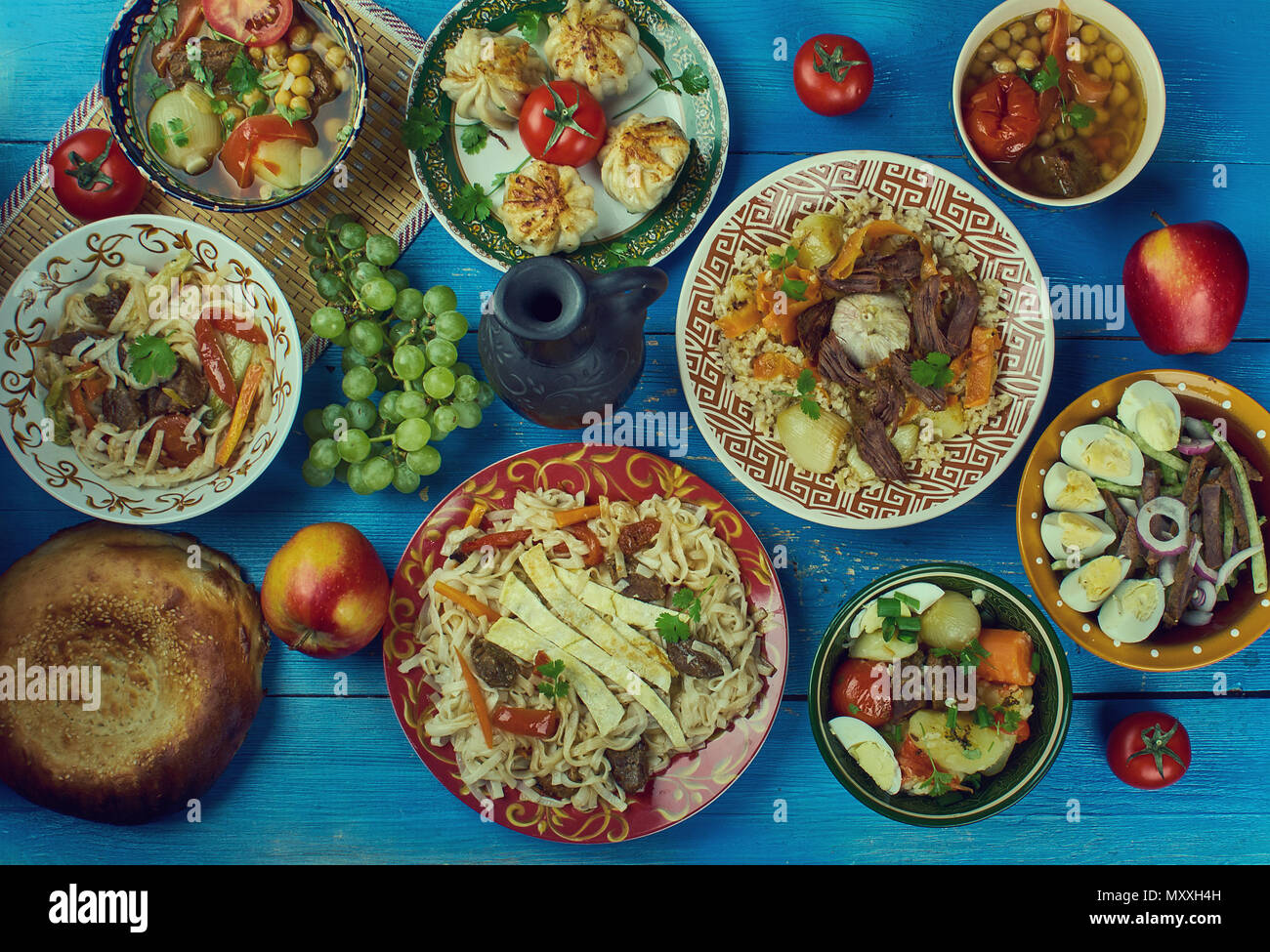 Uzbek cuisine , Traditional assorted dishes, Top view, Central Asian ...