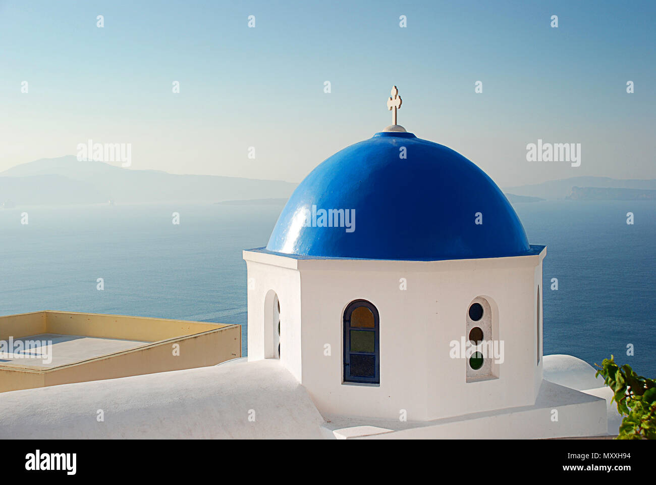 Iconic blue dome church in Oia Santorini in the Greek Islands Stock ...