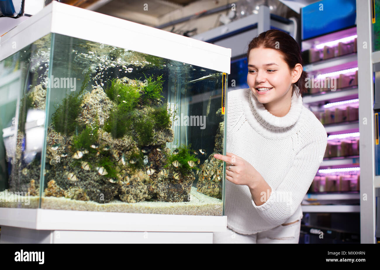 Smiling young girl is looking at striped and colorful fishes in ...