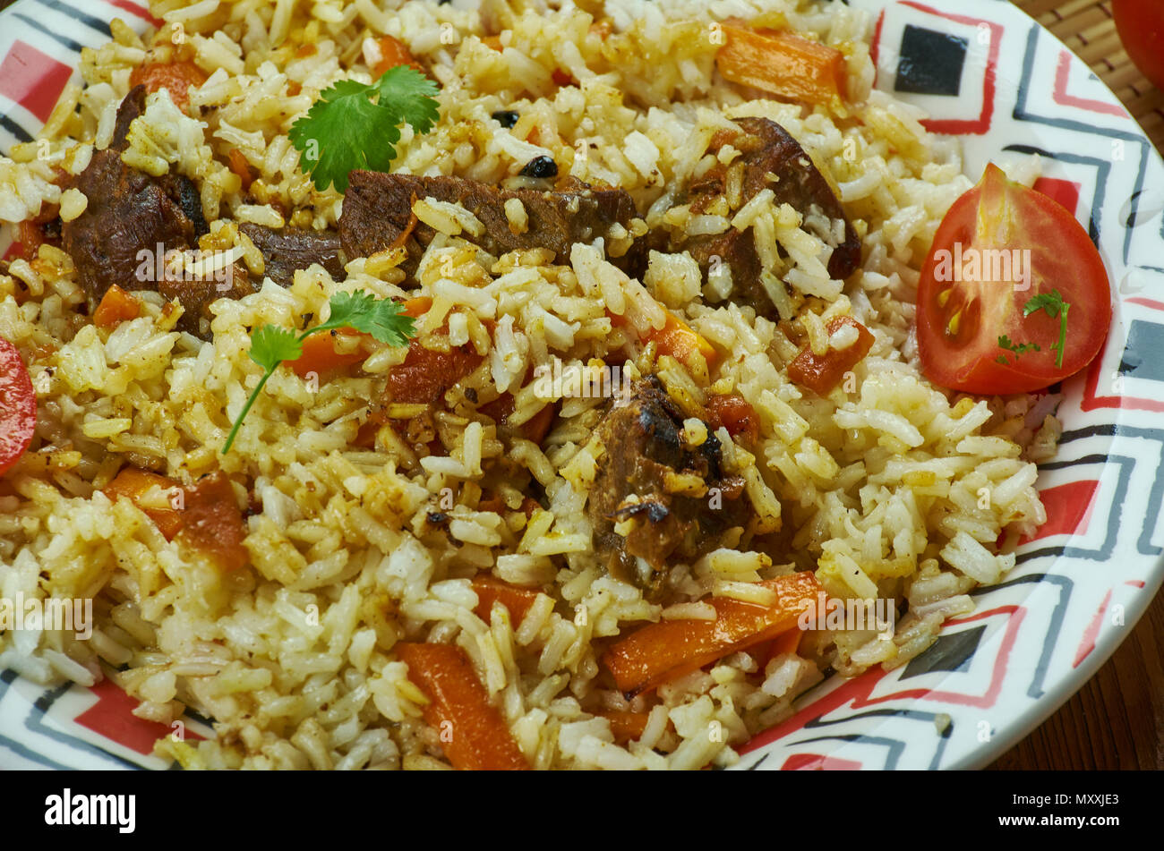 Turkmen Pilaf cuisine , Traditional assorted dishes, Top view Stock ...