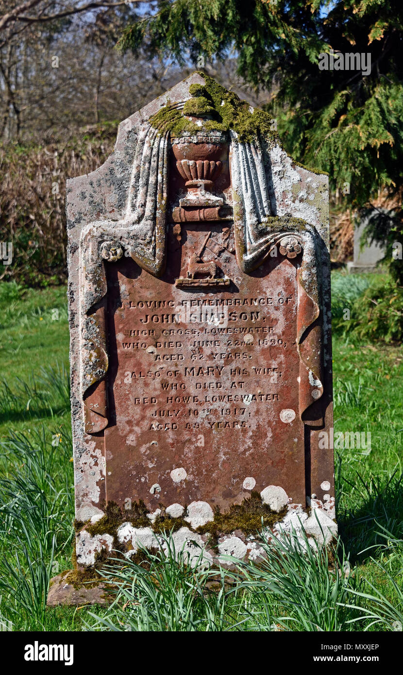 Sandstone gravestone with draped urn, book and lamb and flag design ...