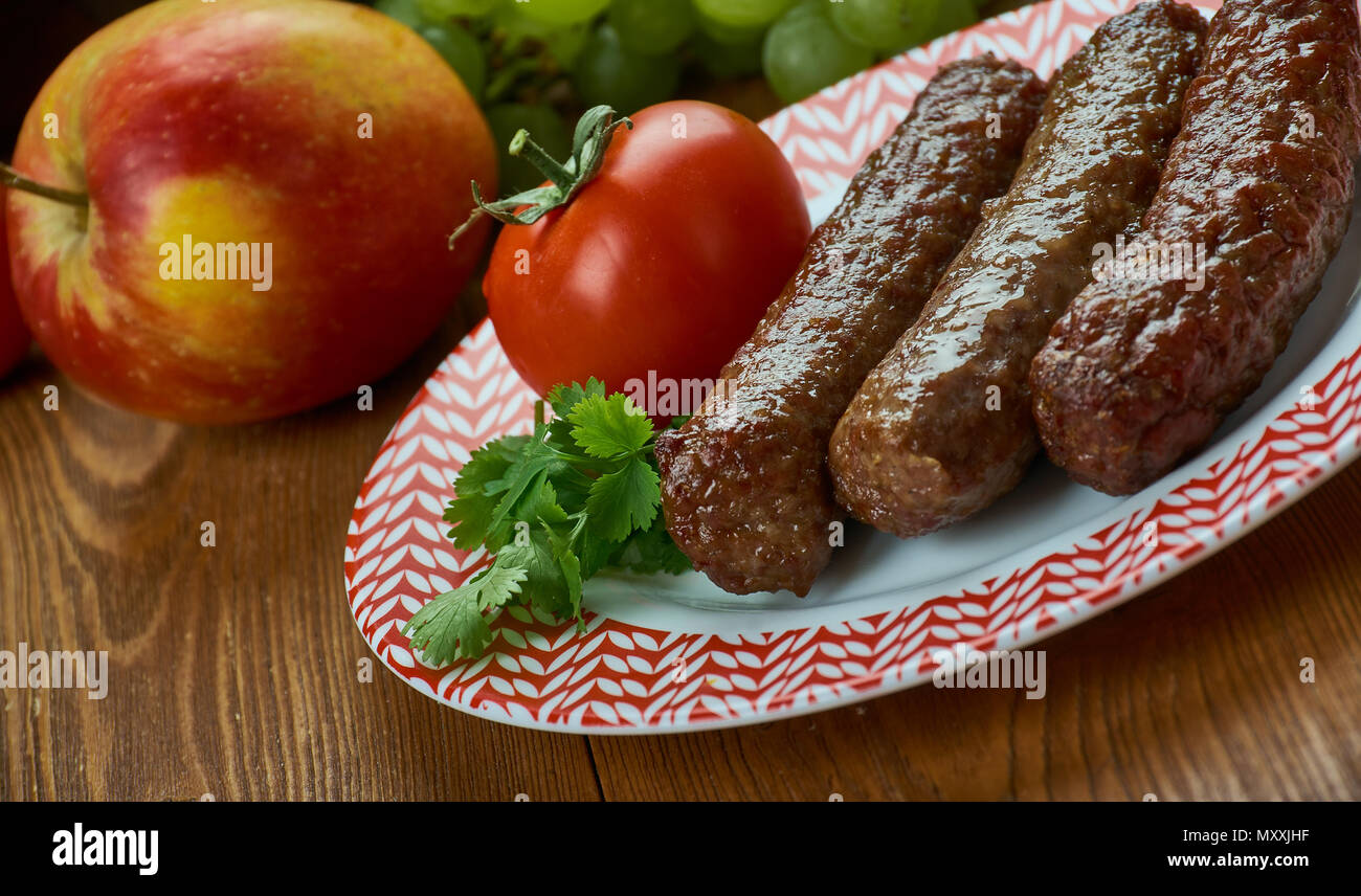 Turkmen Shish kebab. Chishlik , Traditional assorted dishes, Top view ...