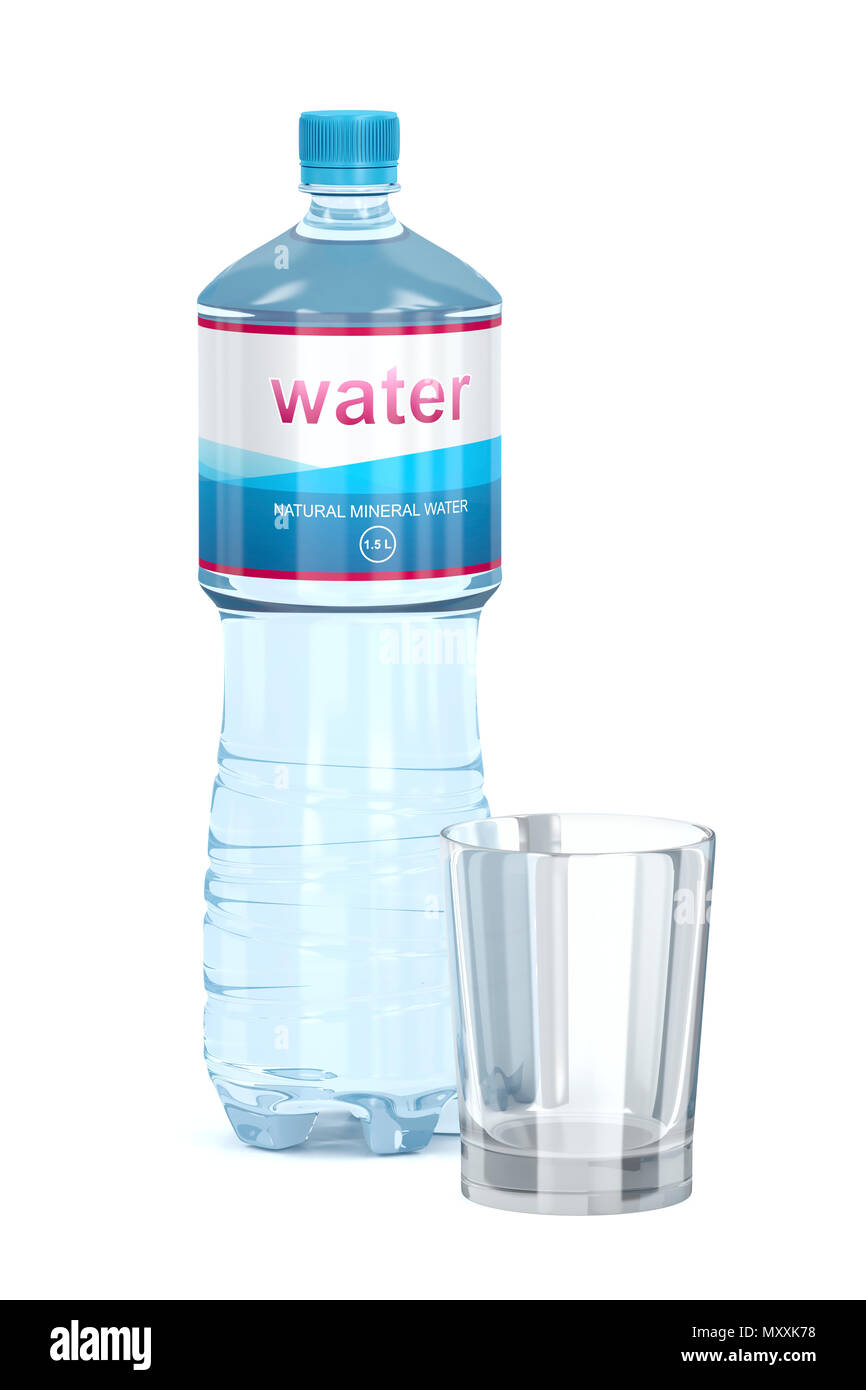 Water bottle and empty glass cup on white background Stock Photo - Alamy