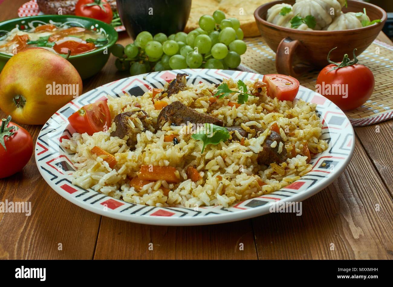 Turkmen Pilaf cuisine , Traditional assorted dishes, Top view Stock ...