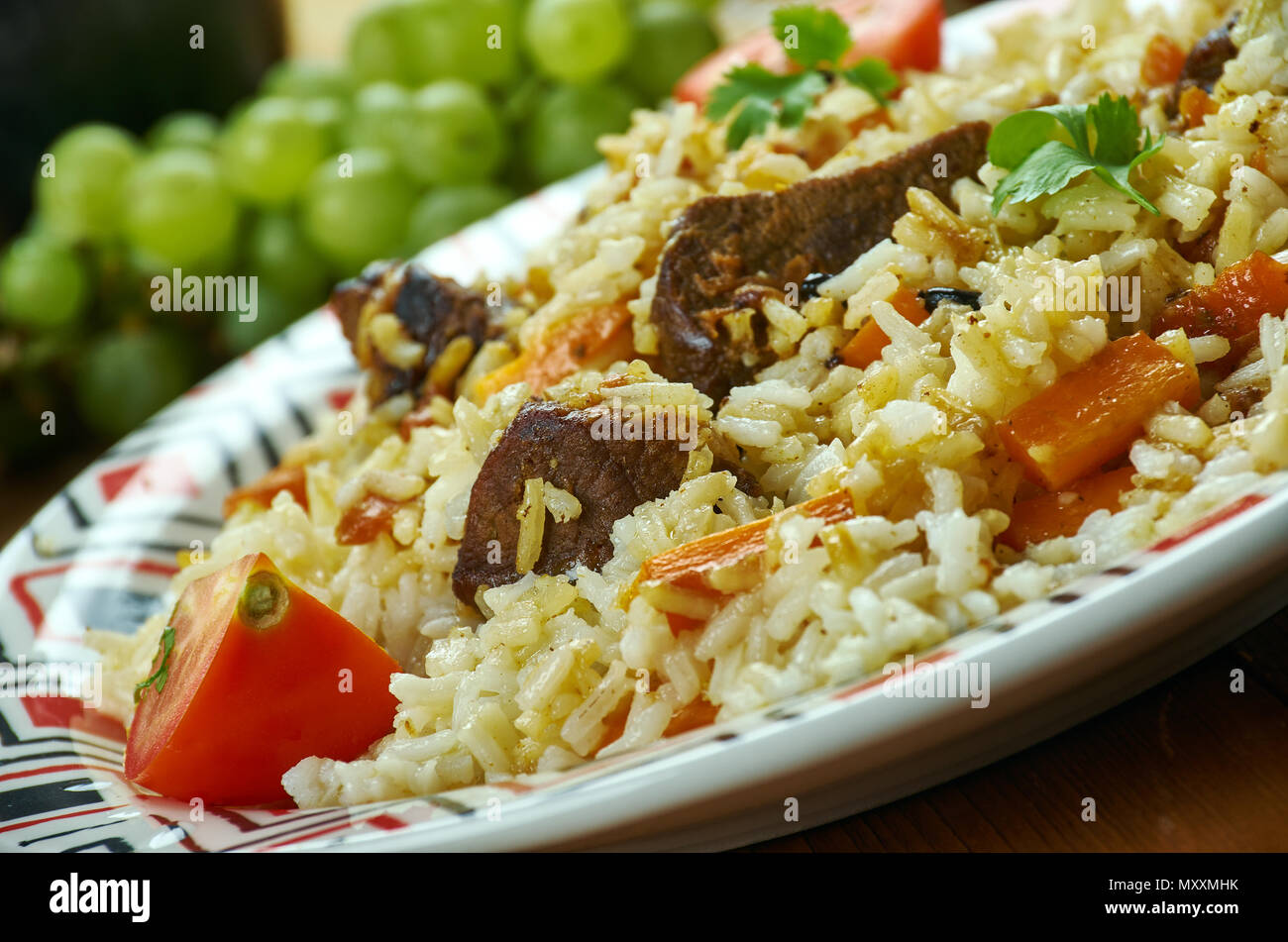 Turkmen Pilaf cuisine , Traditional assorted dishes, Top view Stock ...