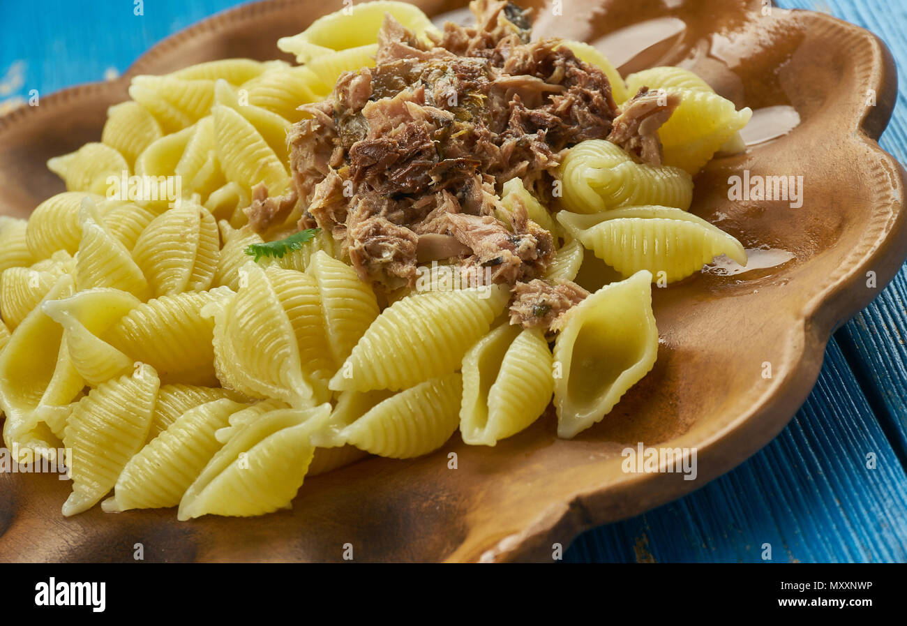 Italian Pasta Conchiglie with Tuna, close up Stock Photo - Alamy