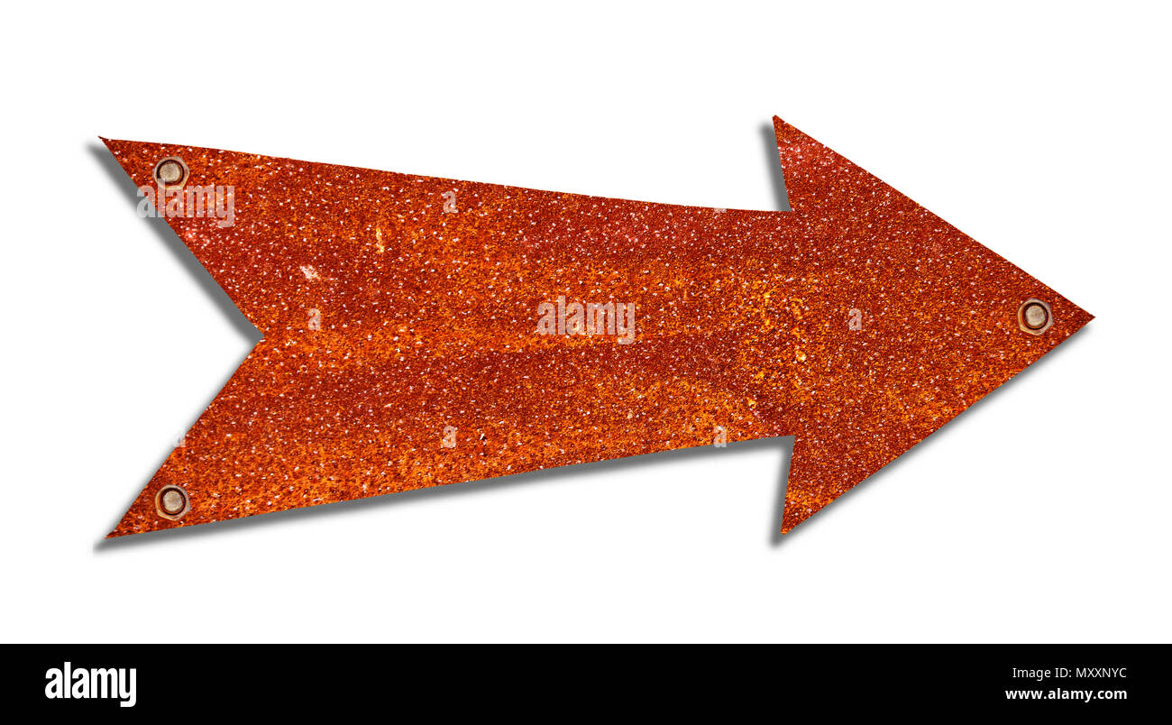Rusty and grungy metallic iron plate directional arrow sign with ...